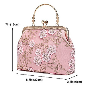 Rejolly Women Vintage Kiss Lock Clutch Handbag Floral Evening Purse Crossbody Shoulder Bag with Chain Strap (Pink)