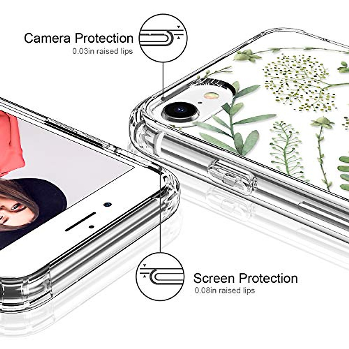 ICEDIO iPhone SE 2022 Case,iPhone SE 2020 Case,iPhone 8 Case,iPhone 7 Case with Screen Protector,Clear TPU Cover with Fashion Designs for Girls Women,Protective Phone Case Green Leaves Floral