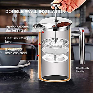 Secura French Press Coffee Maker, 304 Grade Stainless Steel Insulated Coffee Press with 2 Extra Screens, 12oz (0.35 Litre), Silver (SFP-12DS)
