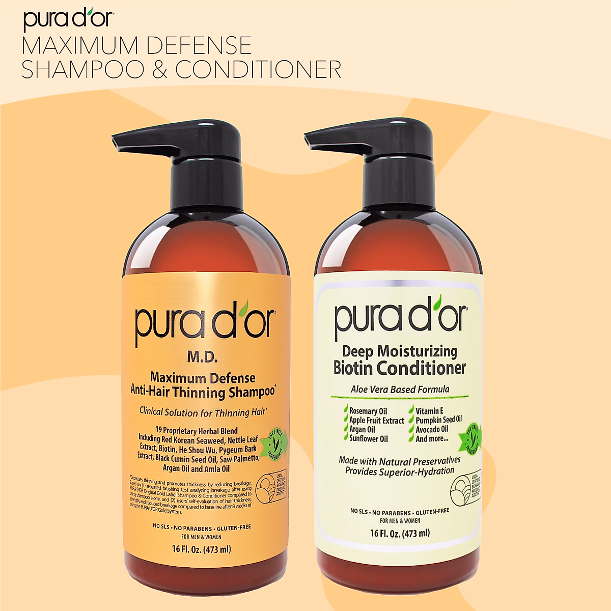 PURA D'OR MD Anti-Thinning Biotin Shampoo & Conditioner Set (16oz x2) Maximum Defense Coal-Tar Strong Scented DHT Blocker Hair Thickening Products For Women & Men, Daily Shampoo For Scalp Health