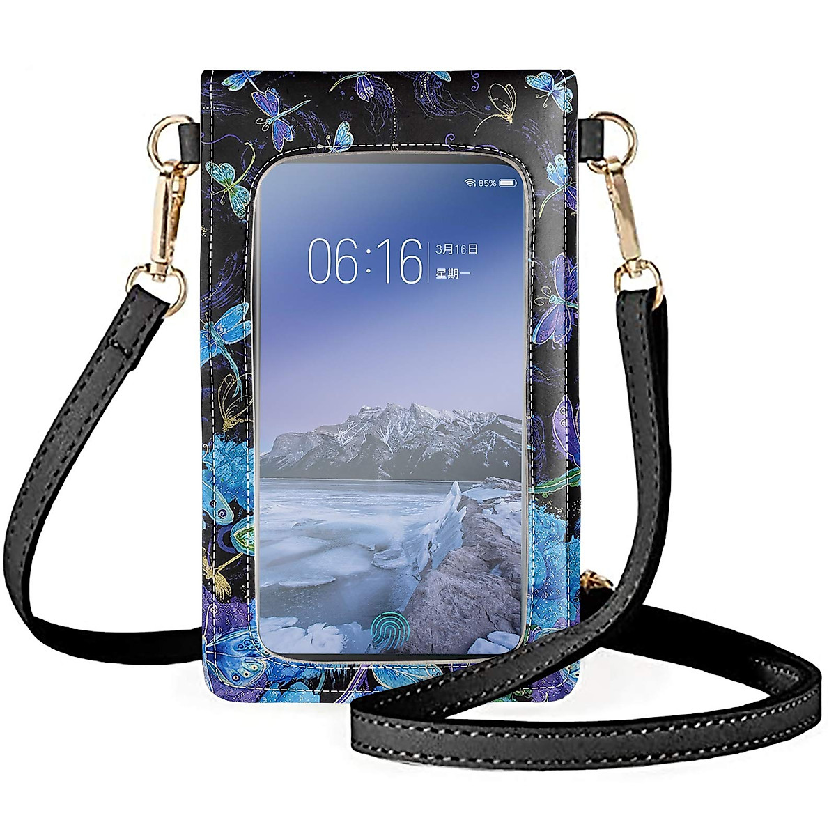 HUGS IDEA Lightweight Leather Phone Purse Fashion Dragonfly Pattern Crossbody Bag Mini Cell Phone Touch Screen Purse Shoulder Bag