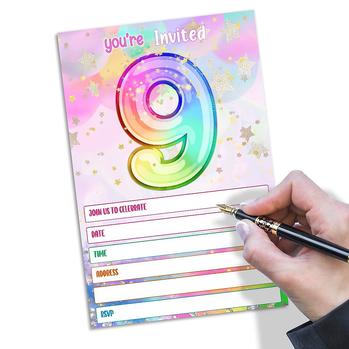 MUZRUYOU 9th Birthday party Invitation Cards, Rainbow Holographic invite with Envelopes（20 set