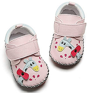 HsdsBebe Baby Boys Girls Pu Leather Hard Bottom Walking Sneakers Toddler Rubber Sole First Walkers Infant Cartoon Slippers Crib Shoes, Giraffe/Pink, 12-18 Months Toddler
