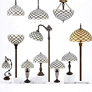 WERFACTORY Tiffany Floor Lamp Cream Amber Stained Glass Bead Standing Reading Light 16X16X64 Inches Antique Pole Corner Lamp Decor Bedroom Living Room Home Office (LED Bulb Included) S005 Series