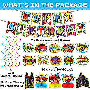 27pcs Super Theme Party Decorations Set Hero Birthday Banner Hanging Swirls and Honeycomb Centerpieces Fun Hero Theme Party Decor for Boys Girls Kids Baby Shower Party Supplies Favor