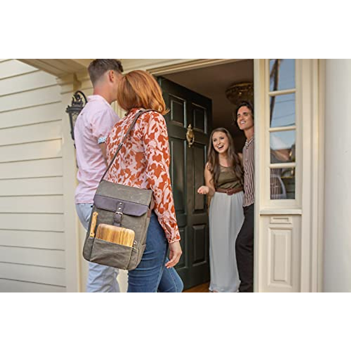 LEGACY - a Picnic Time Brand, 2 Bottle Insulated Wine Bag with Cheese Board and Knife Set - Wine Picnic Bag - Waxed Canvas Wine Tote, Khaki/Brown