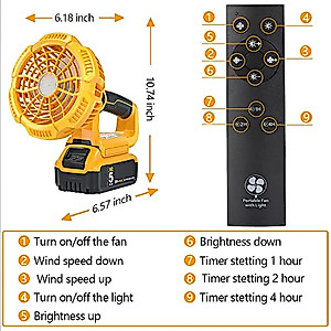 WaxPar For Dewalt Fan Cordless Camping Fan for Dewalt 20V Lithium Battery, USB Floor Fan Battery Operated Fan with 9W LED Light, Remote, 4H Timer Portable Tent Fan for Jobsite, Hiking, Fishing