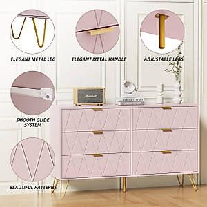UEV 6 Drawer Dresser for Bedroom,Pink Dresser with Wide Drawers and Metal Handles,Modern Dresser Chest for Bedroom,Living Room,Entryway(Large Pink)
