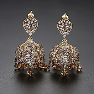 14K Gold Indian Tassel Crystal Drop Earrings for Women,Vintage Palace Style Bell Shape Heavy Industry Dangle Earrings,Fashion Christmas Jewelry Gift for Her (Style 1, 14K Gold)