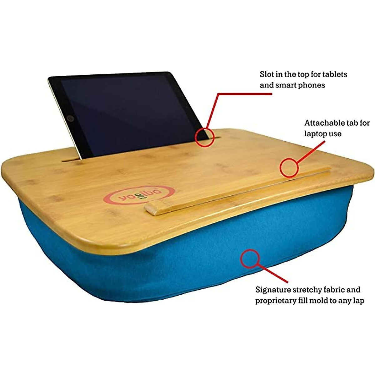 Yogibo Traybo 2.0 Lap Desk, Bamboo Top Lap Desk With Pillow for Laptop Built in Slot for Tablet or Phone, Lap Pad for Working, Reading, Writing, Lap Board, Blue