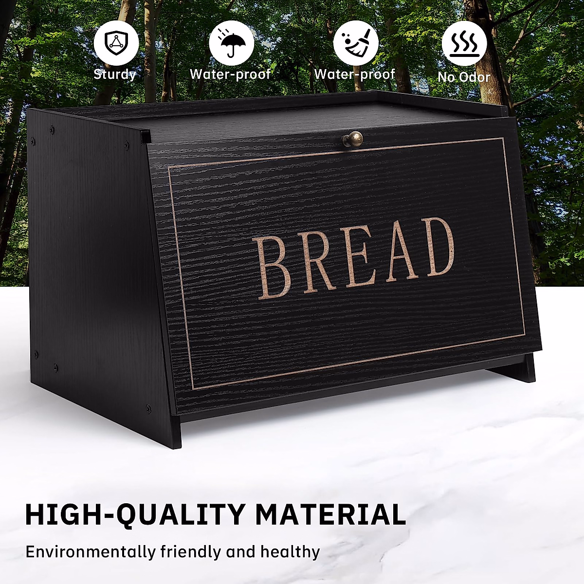 DECOCIAGA Bread Box for Kitchen Countertop, Large Capacity Bread Storage Container for Homemade Bread, Wooden Bread Holder Bread Bin for Kitchen Counter Corner, Cabinet, Pantry, Cupboard (Black)
