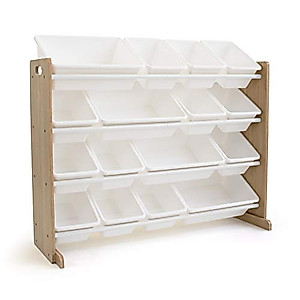 Humble Crew Extra-Large Toy Organizer, 16 Storage Bins, Universal, Natural/White & Humble Crew, White Kids Wood Square Table and 2 Chairs Set