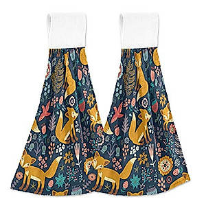 Oarencol Cute Fox Bird Flower Kitchen Hand Towel Forset Animal Floral Absorbent Hanging Tie Towels with Loop for Bathroom 2 Pcs
