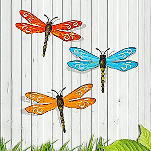 Scwhousi Metal Dragonfly Wall Decor Outdoor Garden Fence Art,Hanging Decorations for Living Room, Bedroom, 3 Pack