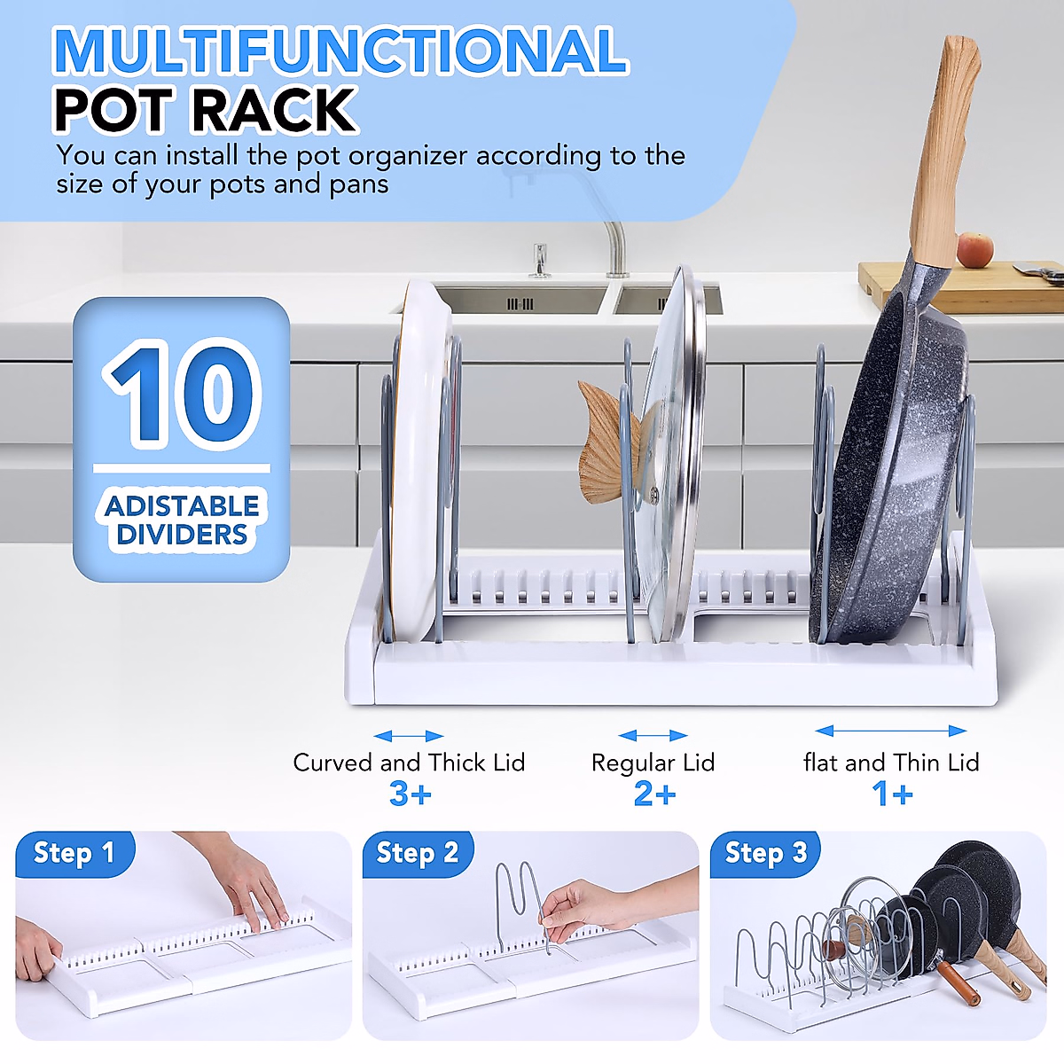 LALOBLUE Expandable Pot and Pan Organizer Rack for Cabinet, Pan and Pot Lid Holders with 10 Adjustable Dividers for Kitchen Cabinet Organization and Storage, Cookware Organizer, 12.9"-24.7", White