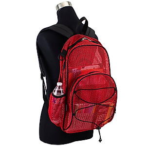 Eastsport Mesh Hiking Backpack Lightweight Bungee See Through for Travel, College, Swim, Gym Bag with Adjustable Padded Shoulder Straps, Red
