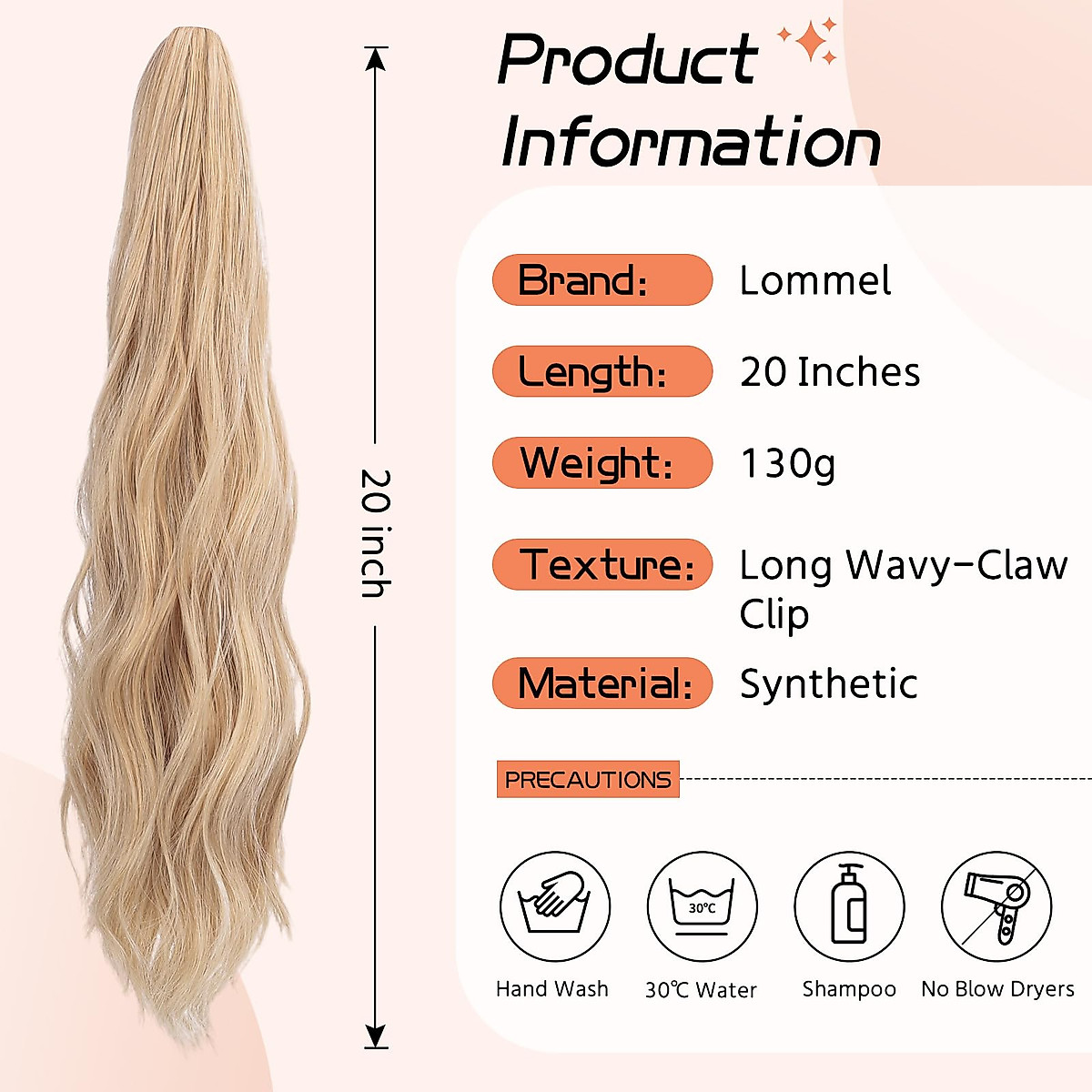 LOMMEL Ponytail Extension Claw Clip Ponytail Extension for Women 20 Inch Long Wavy Ponytail Extensions Synthetic Ponytail Hairpiece Natural Soft Daily Use (18/613)