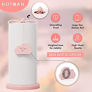 HOTCAN Wood Pink Paper Towel Holder for Countertop, Cute Paper Towel Holder with Beer Bottle Opener, Pink Kitchen Accessories Made of Beech Wood, Pink Home Decor, Windproof Design for Outdoor Use