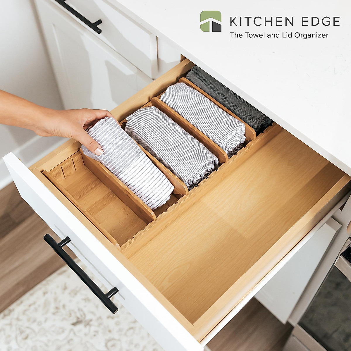 KitchenEdge Bamboo Kitchen Towel and Food-Storage Organizer, Perfect for Kitchen Drawers, Cabinets, Pantry, 5 Adjustable Wall Inserts, Organize & Store Plastic Food Containers