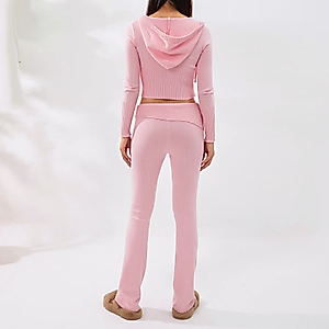 Women Knit Two Piece Set Y2k Long Sleeve Zip Up Crop Hoodie and Low Rise Flare Leggings Jogger Pants Set Loungewear (Pink, M)