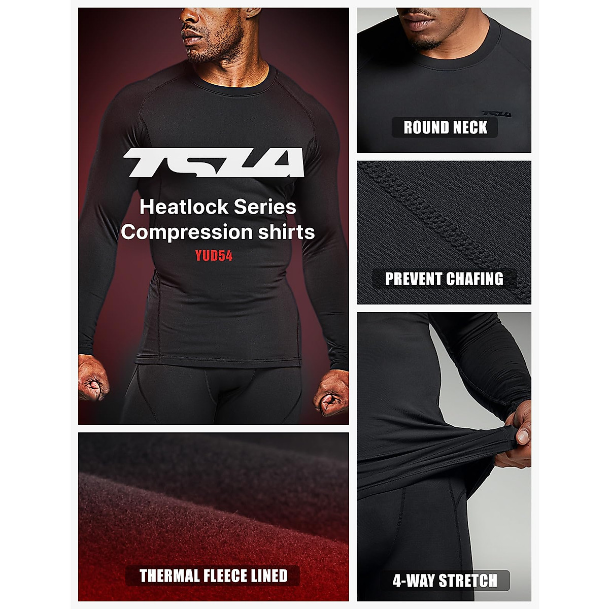 TSLA Men's Thermal Long Sleeve Compression Shirts, Athletic Base Layer Top, Winter Gear Running T-Shirt, Heatlock Round Neck Black, Medium