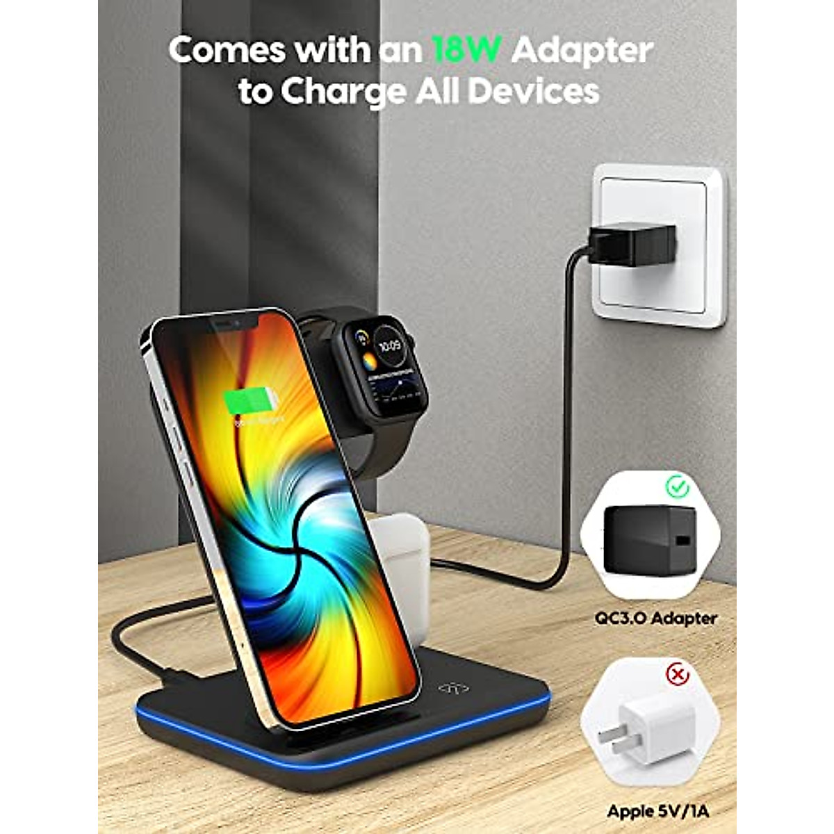 Wireless Charging Station, 2023 Upgraded 3 in 1 Wireless Charger Stand with Breathing Indicator Compatible with iPhone 14/13/12/11 Pro/XS, AirPods 3/2/1/pro 2, iWatch Series 8/7/6/5/4/3,Samsung Phones