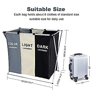 Foldable Laundry Basket, 135L Laundry Hamper Sorter 3 Sections Bag Bin with Aluminum Frame 24'' × 14'' x 23'' Dirty Clothes Closet Storage and organizer in Laundry Room Bedroom Home (White+Grey+Black)