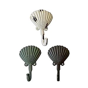 Coastal Cast Iron Wall Hooks, Set of 3 Assorted (Sea Shells)