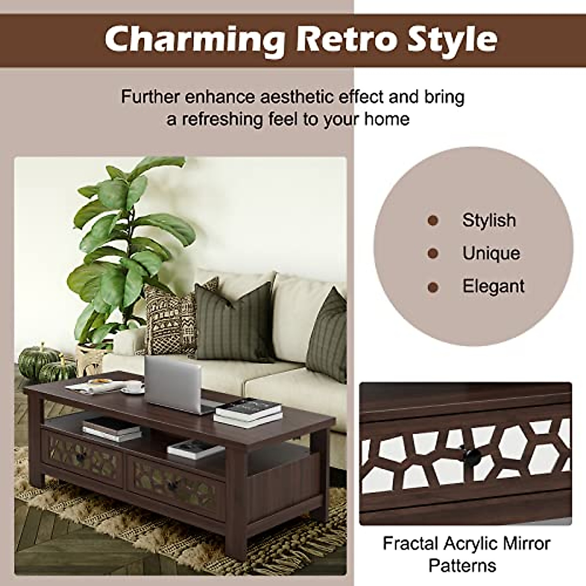 Giantex 3-Tier Coffee Table, 47" Rectangular Center Table w/Acrylic Mirror Design, Wooden Table w/Large Tabletop, Open Shelf, 2 Drawers & 5 Support Legs, Accent Living Room Furniture (Brown)