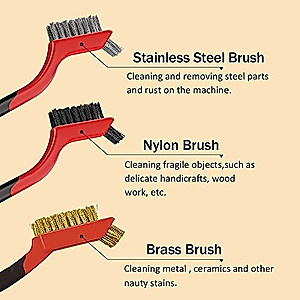 3PCS Small Wire Brushes Set for Cleaning, Include Steel/Nylon/Copper Bristles,Multi-Purpose Brass Brush with Plastic Scraper for Remove Rust Stains,Polished
