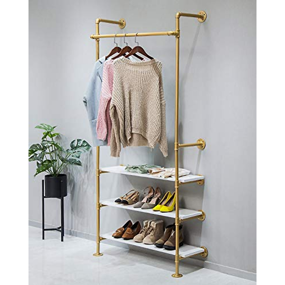 WGX Design For You Industrial Pipe Clothing Rack Wood Garment Rack Pipeline Vintage Rolling Rack On Wall（Gold）