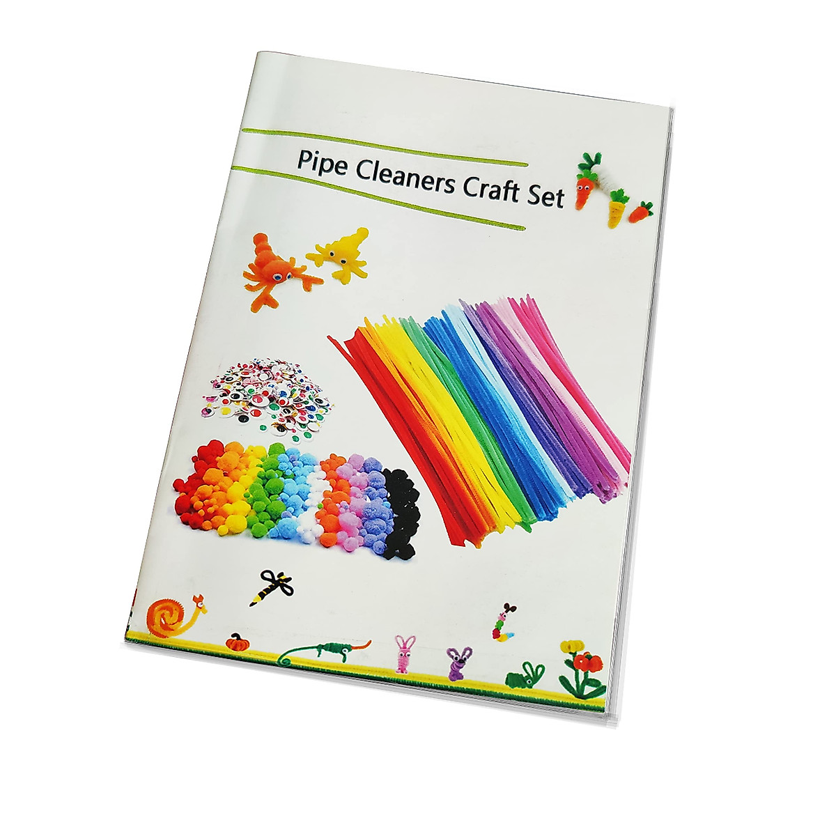 Pipe Cleaners Craft Set with DIY Tutorial, Included 200Pcs Multicolor Pipe Cleaners Chenille Stems, 200Pcs Pom Poms, 200Pcs Self-Sticking Wiggle Googly Eyes, for DIY Art Craft