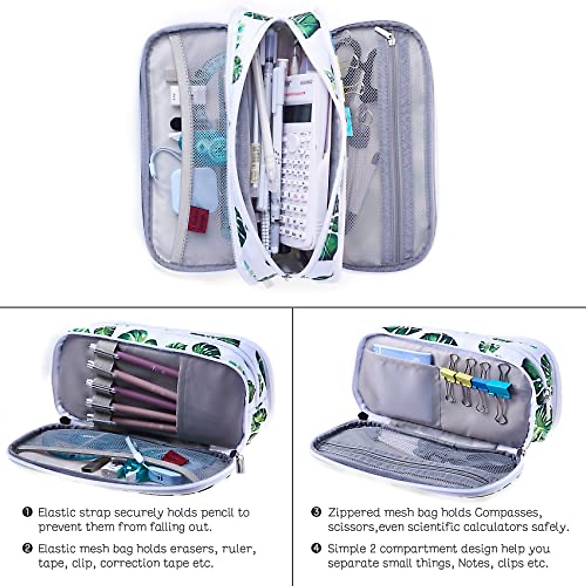 LParkin Tree Leaves Cute Pencil Case Super Large Capacity 3 Compartments Canvas Pen Bag Pouch Stationary Case Makeup Cosmetic Bag