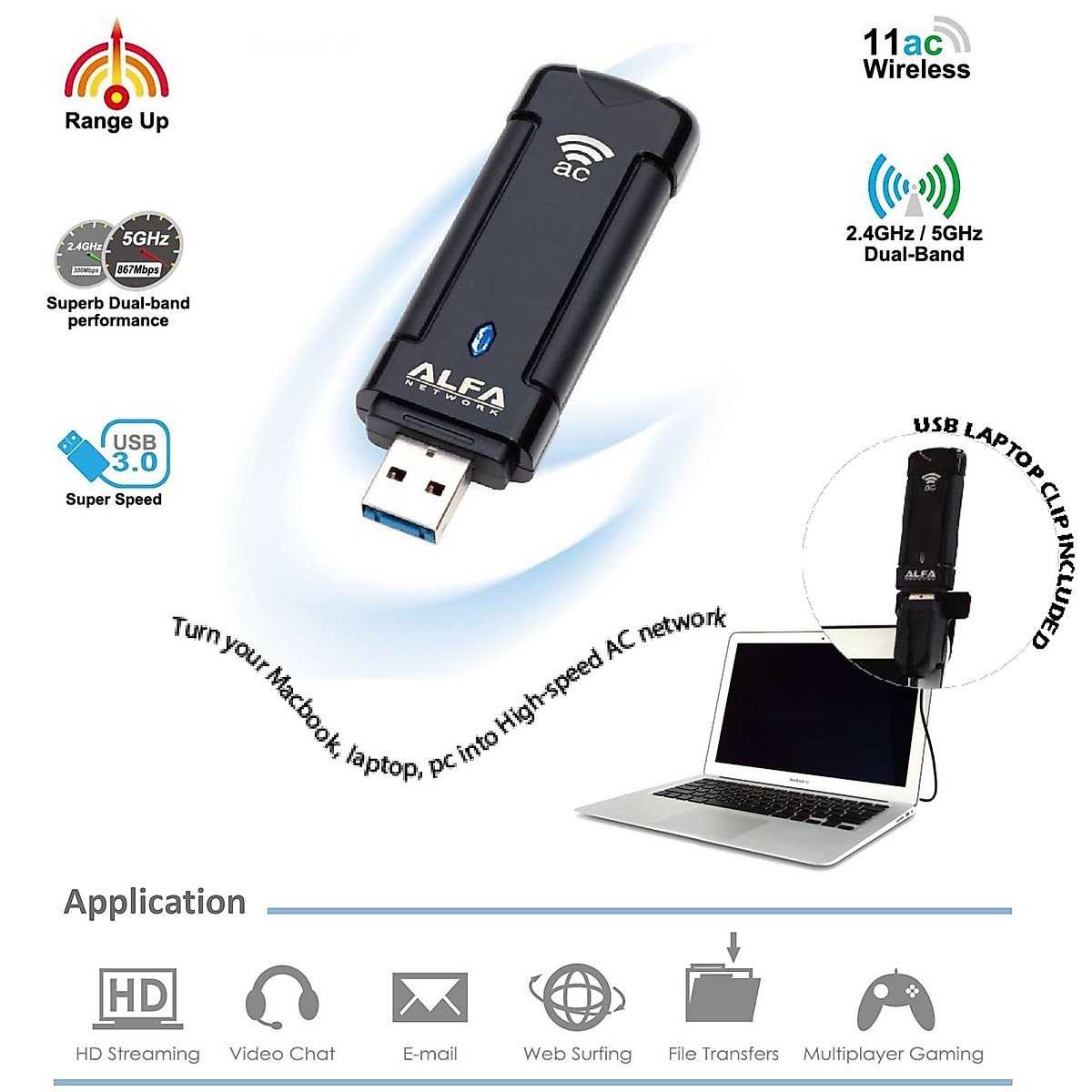Alfa Long-Range AWUS036EAC AC1200 Wireless USB Wi-Fi Adapter - USB Dongle Adapter for Ultimate Compactness Holder w/Clip & Suction Cup Included
