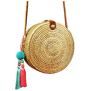 Handwoven Round Rattan Bag, Leather Shoulder Strap, Two Pocket Boho Bali Wicker Crossbody Handbag