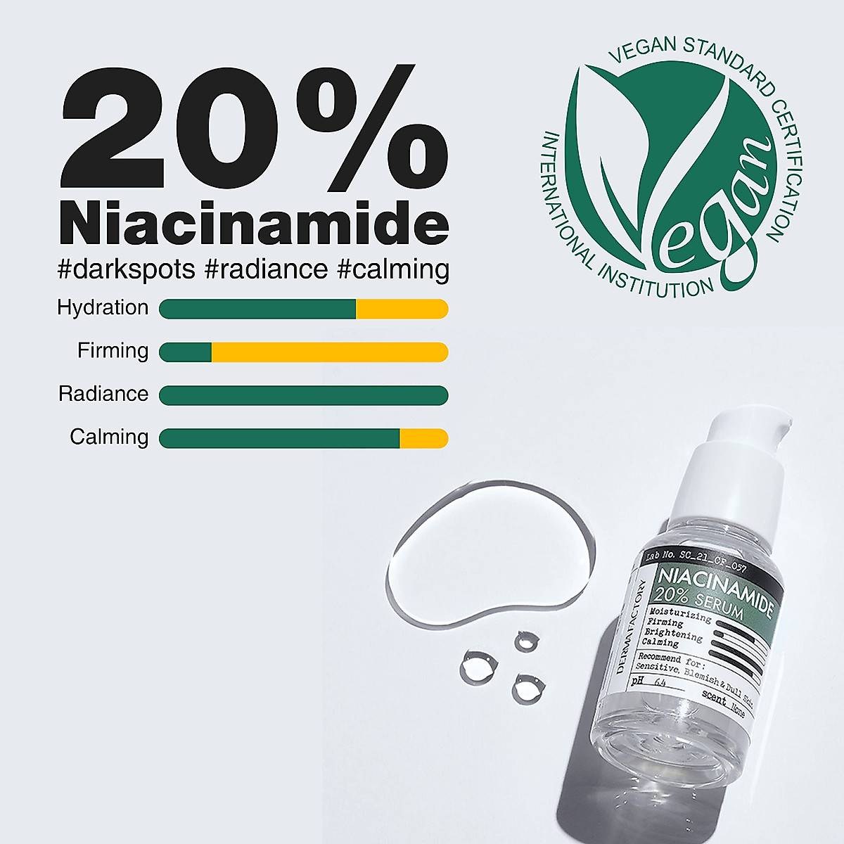 Niacinamide 20% Vitamin B3 Concentrated Face Vegan Serum 1 Oz - Damask Rose 64.5% No-Scent Even Skin Tone Defying-Aging Minimizing Pores Plump Fine Lines Sensitive Dull No Stickiness Chemicals Korean
