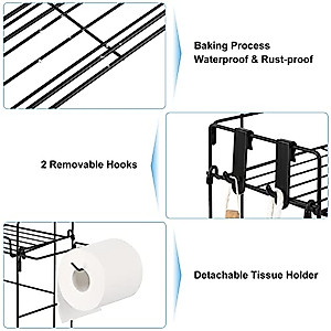 Vrisa 2 Pack Over The Toilet Storage Shelf 2-Tier Bathroom Organizer Over Toilet Multifunctional Toilet Rack with Hook and Paper Holder No Drilling Space Saver with Wall Mounted Design(Black)