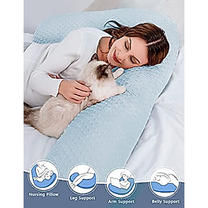 AngQi Full Body Pregnancy Pillow, Pregnancy Pillows for Sleeping, L Shaped Body Pillows for Adults, Maternity Pillow for Side Sleepers with Minky dot & Velvet A/B Side Cover, Dot White & Blue
