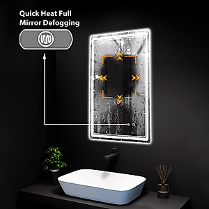 HOMECOOKIN Wall Mount 20x28 inches LED Mirror, Bathroom, Rectangular, Aluminum, Modern, Anti-Fog, Adjustable 3 Colors, Backlit