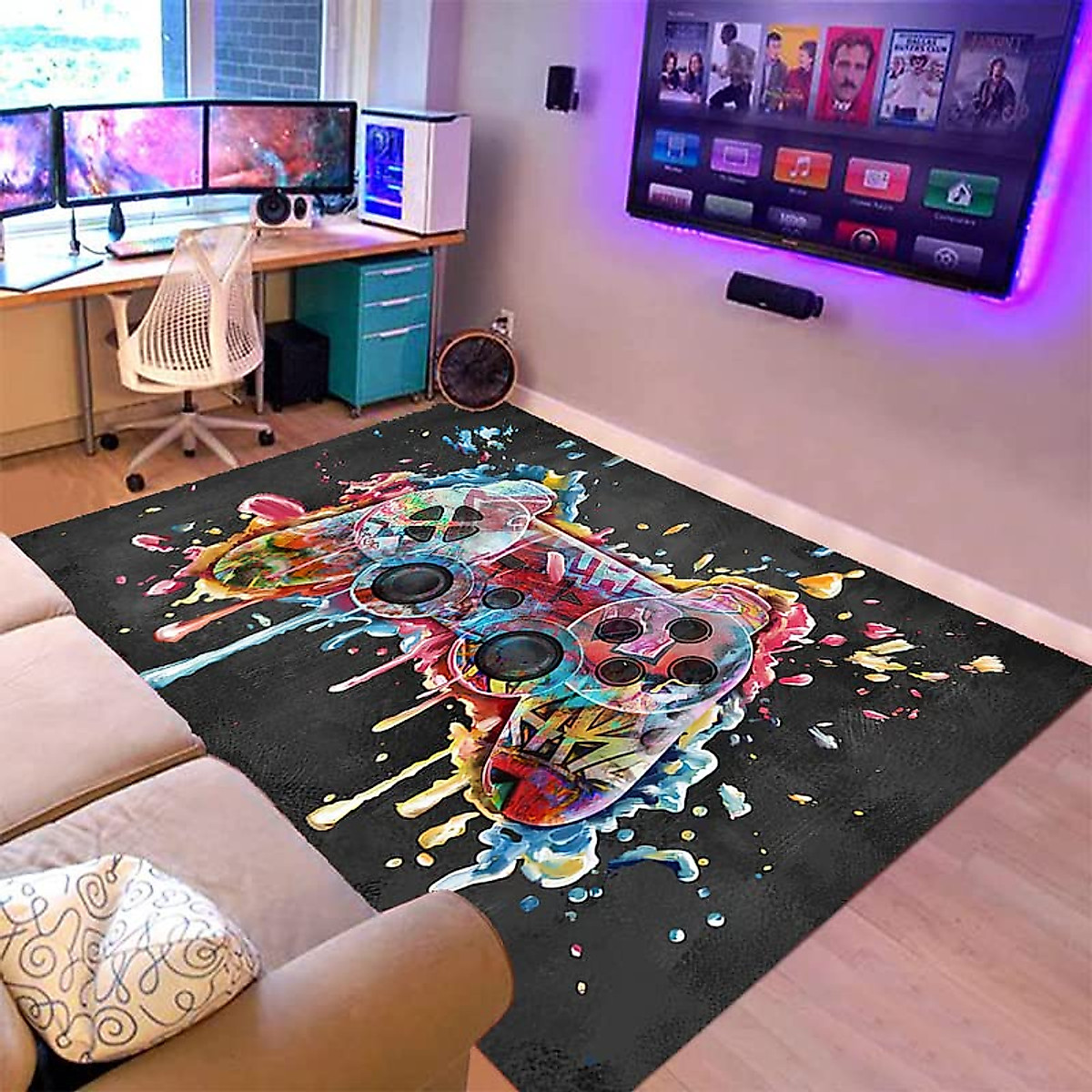Gaming Room Decor Area Rugs for Kids Teen Boy Bedroom Rug Gamer Area Carpet 3D Printed Gamepad Controller Living Room Game Room Large Area Rug Non-Slip Comfy Floor Casual Mat 60"x39"