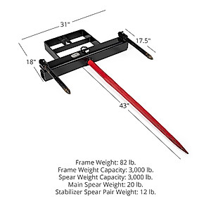 Titan Attachments 43" Hay Bale Spear Attachment with Stabilizer Spears, Universal HD Front Skid Steer Tractor Loader Bucket Attachment, 3000 LB Capacity