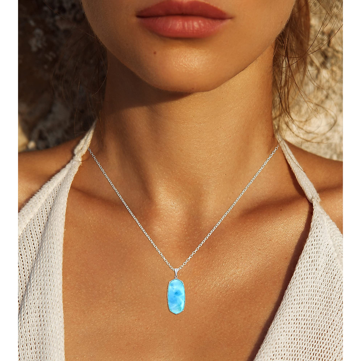 Beaux Bijoux Large Long Hexagon-Shaped Caribbean Natural Larimar Gemstone Sterling Silver Pendant 18’’ Necklace Jewelry for Women or Teens