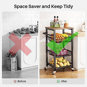 Fruit Basket for Kitchen Pantry Organizers - 4 Tier with Wheels, Wooden Top Table, Stackable Metal Wire Basket Stand for Fruit Vegetable Snacks Storage Organization, Black