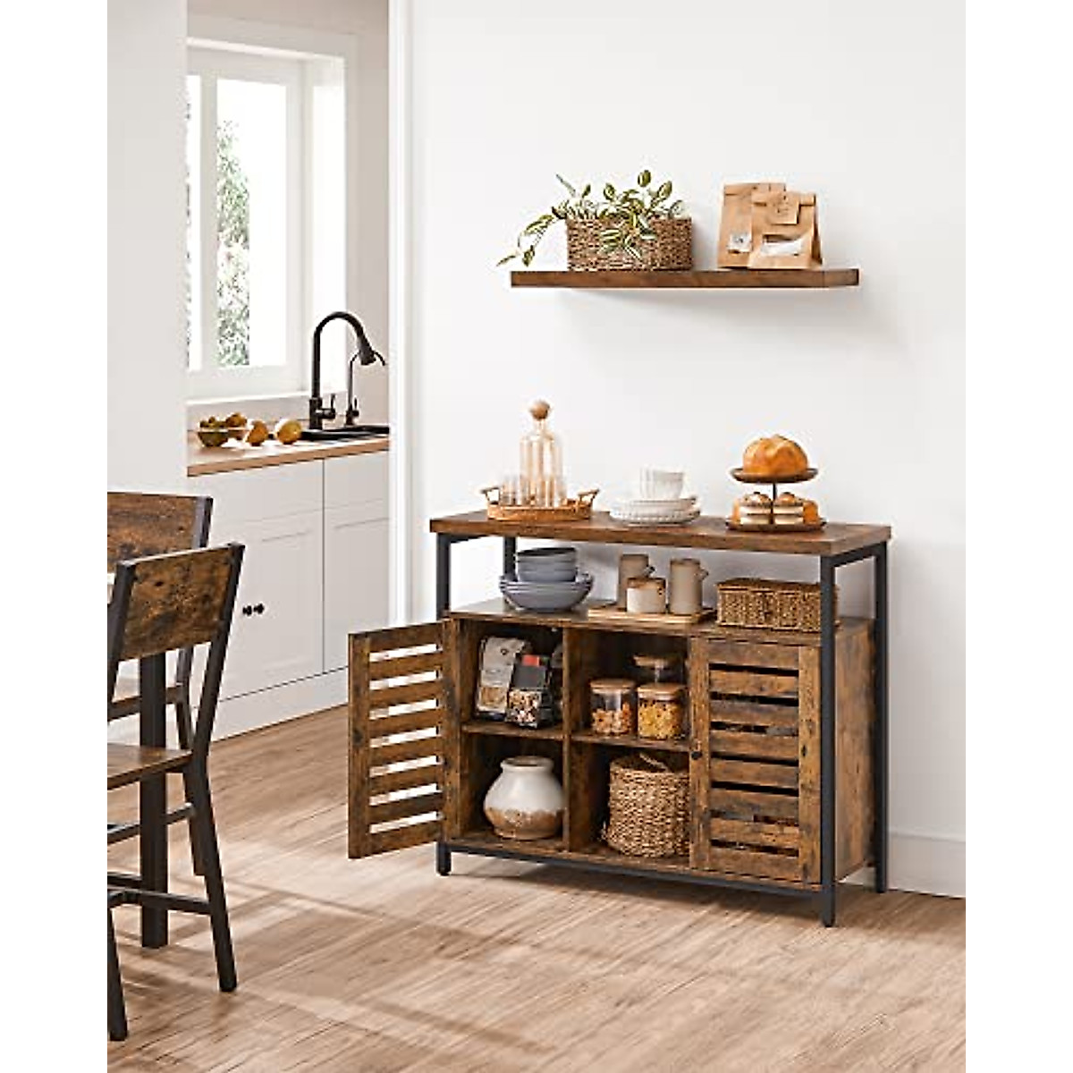 VASAGLE Buffet Cabinet, Sideboard Storage Cabinets with Compartments, Adjustable Shelves, Louvered Doors, 13.8 x 39.4 x 32.1 Inches, Rustic Brown and Black