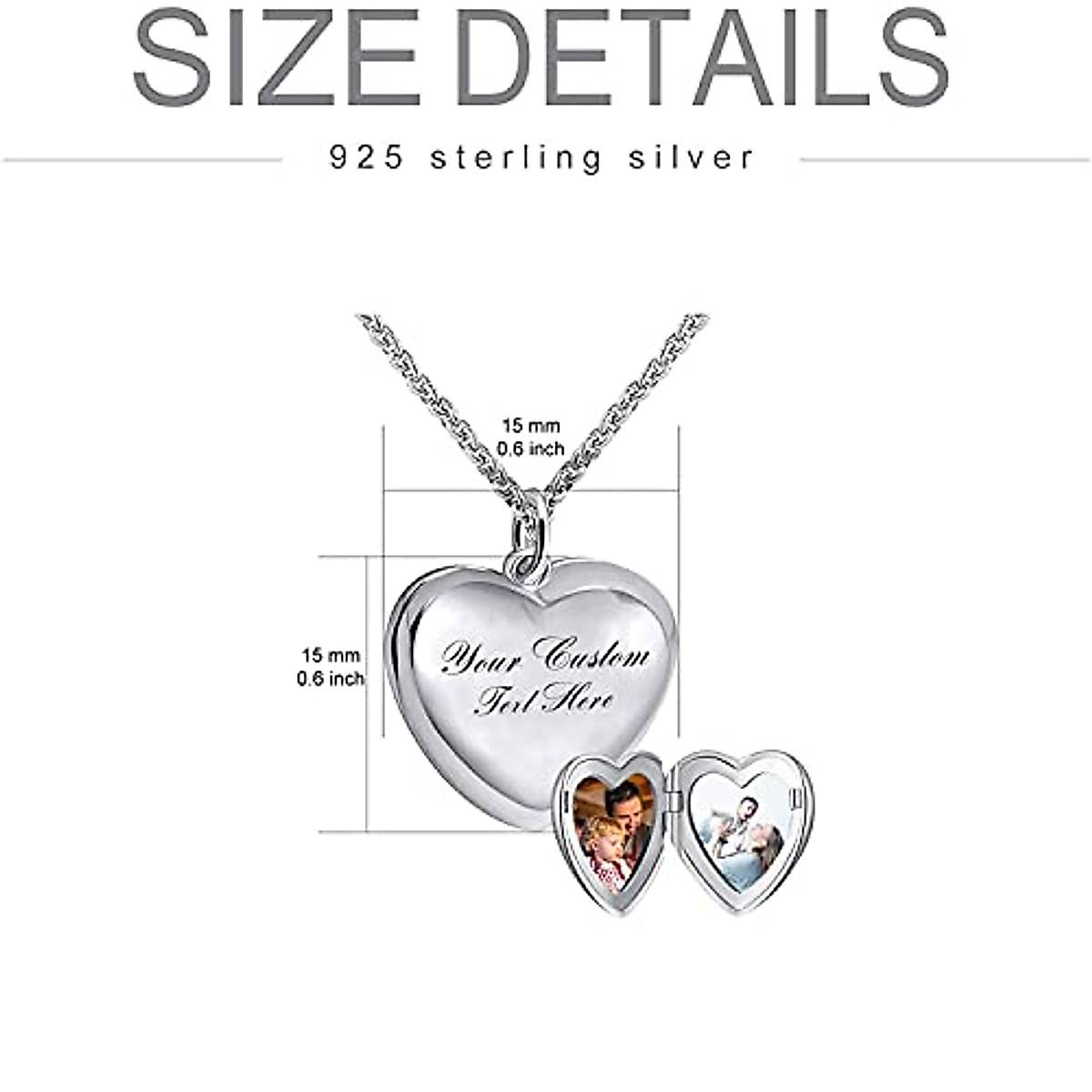 Daruirong 925 Sterling Silver Personalized Photo Heart Locket Necklace Forever in My Heart Custom Add Your Text That Holds Pictures for Women Men Kids(Heart-Shape) | New 0.9 inch Large Size |