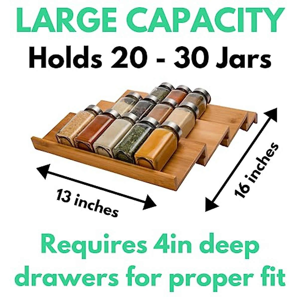 Green Stand Market - Spice Drawer Organizer Insert - Drawer Spice Rack Organizer - Fits 4" Deep Drawers - 13" Wide - Holds 20 to 30 Jars - 4-Tier Spice Organizer - Organization for Deep Drawers -
