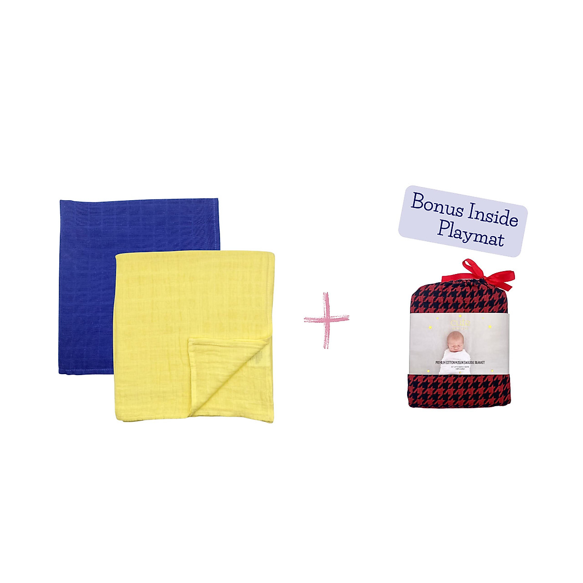Cute New York Cotton Muslin Swaddle Baby Blankets 2 Pieces Set (Royal Blue/Yellow)