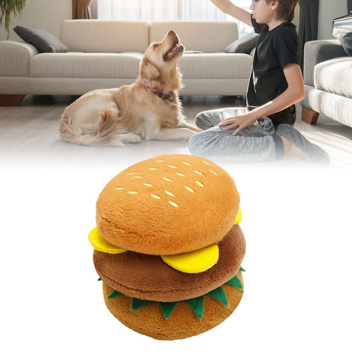 TITA-DONG Pet Chew Toy - Dog Plush Squeaky Toy Cute Hamburger Shape Stuffed Pet Plush Toy, Teeth Chewing Squeaky Sound Toy for Small and Medium Dog Hamburger Dog Supplies