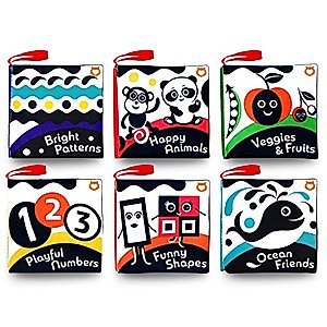 Cloth Books (Set of 6). High Contrast Soft Books. Black and White Images Encourage Infant Development – Suitable for Babies and Toddlers from 3 Months