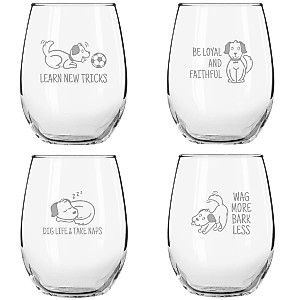 Dog Wisdom Novelty Stemless Wine Glasses Set of 4 | Funny Dog Themed Messages for Pet Owners and Wine Lovers | 15 oz. Funny Dog Wine Glass with Cute Messages | Dishwasher Safe | Made in USA